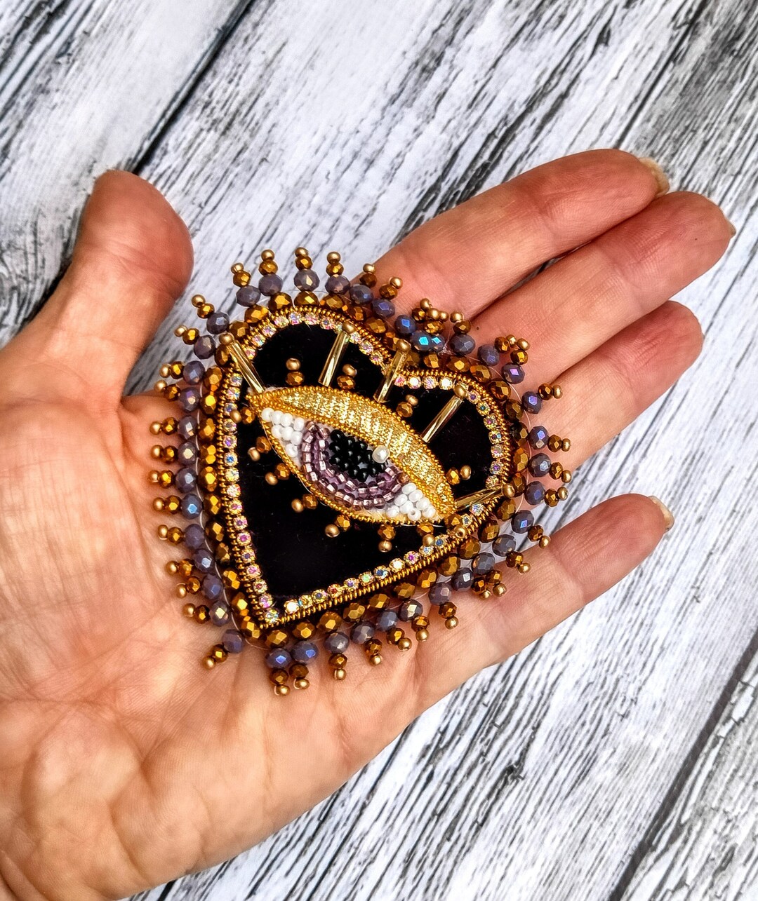 Purple Velvet Heart Evil Eye Brooch Embroidered Brooch Crystal Pin - Etsy