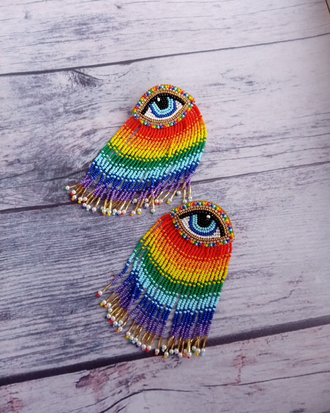 Evil Eye Earrings Big Rainbow Eye Earrings Beaded Fringe Earrings Trend ...