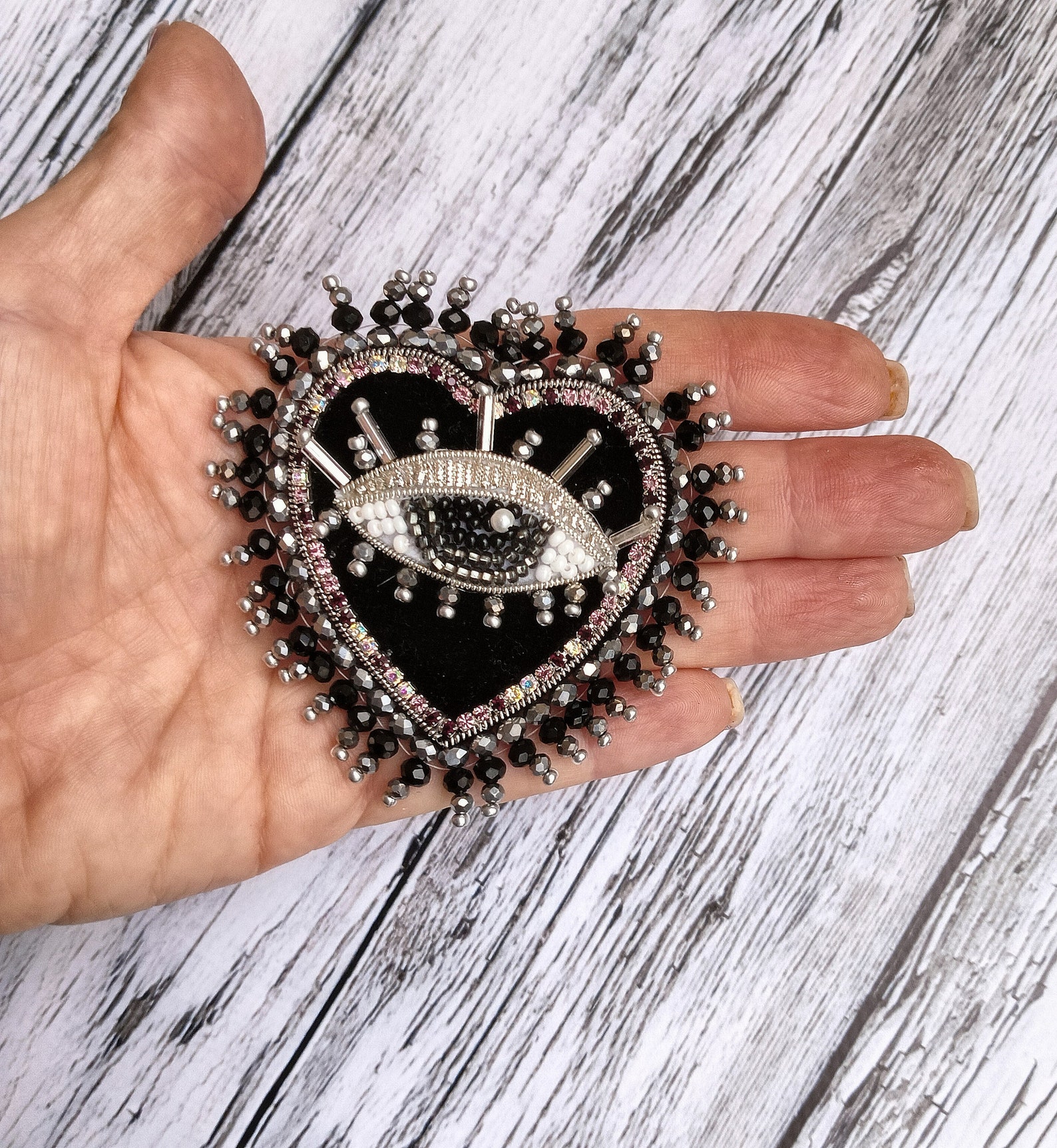 Black Velvet Heart Evil Eye Brooch Black Silver Beaded Brooch - Etsy
