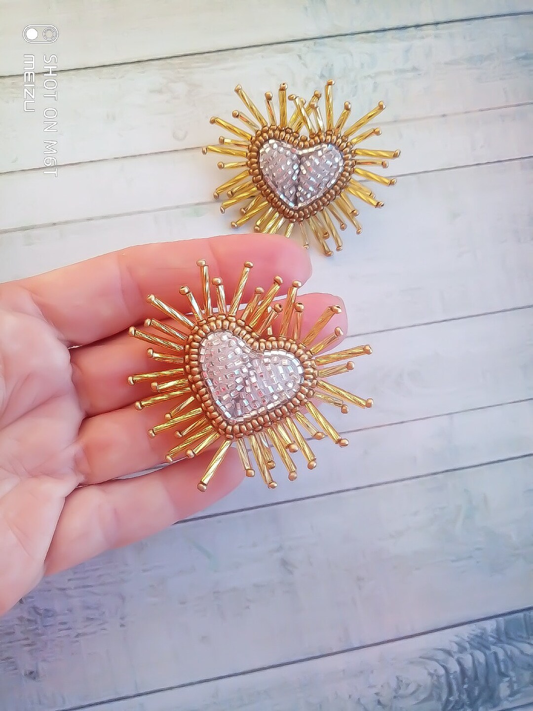 Shining Beaded Heart Earrings Puffy Silver Gold Hearts Earrings ...