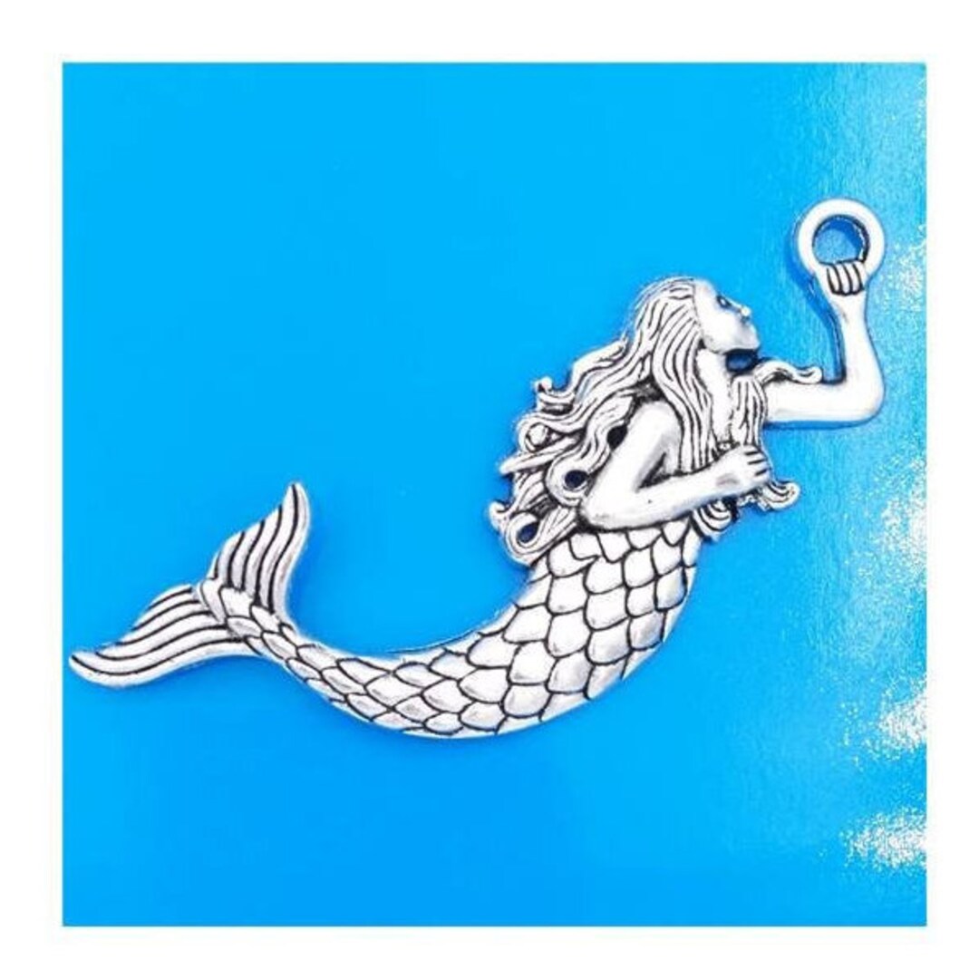 Mermaid Charm, Large Mermaid Charm, Silvertone Metal, Larger Size 36mm ...
