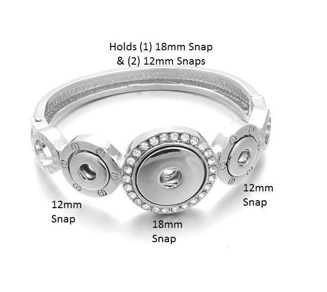 Snap Bangle Snap Bracelet, Rhinestones, Silvertone, Holds (1) 18mm & (2 ...