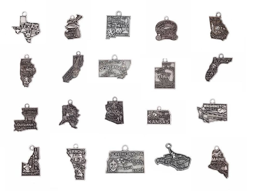 State Charms, Map Charms, 50 States Charms + DC, Silvertone, for ...