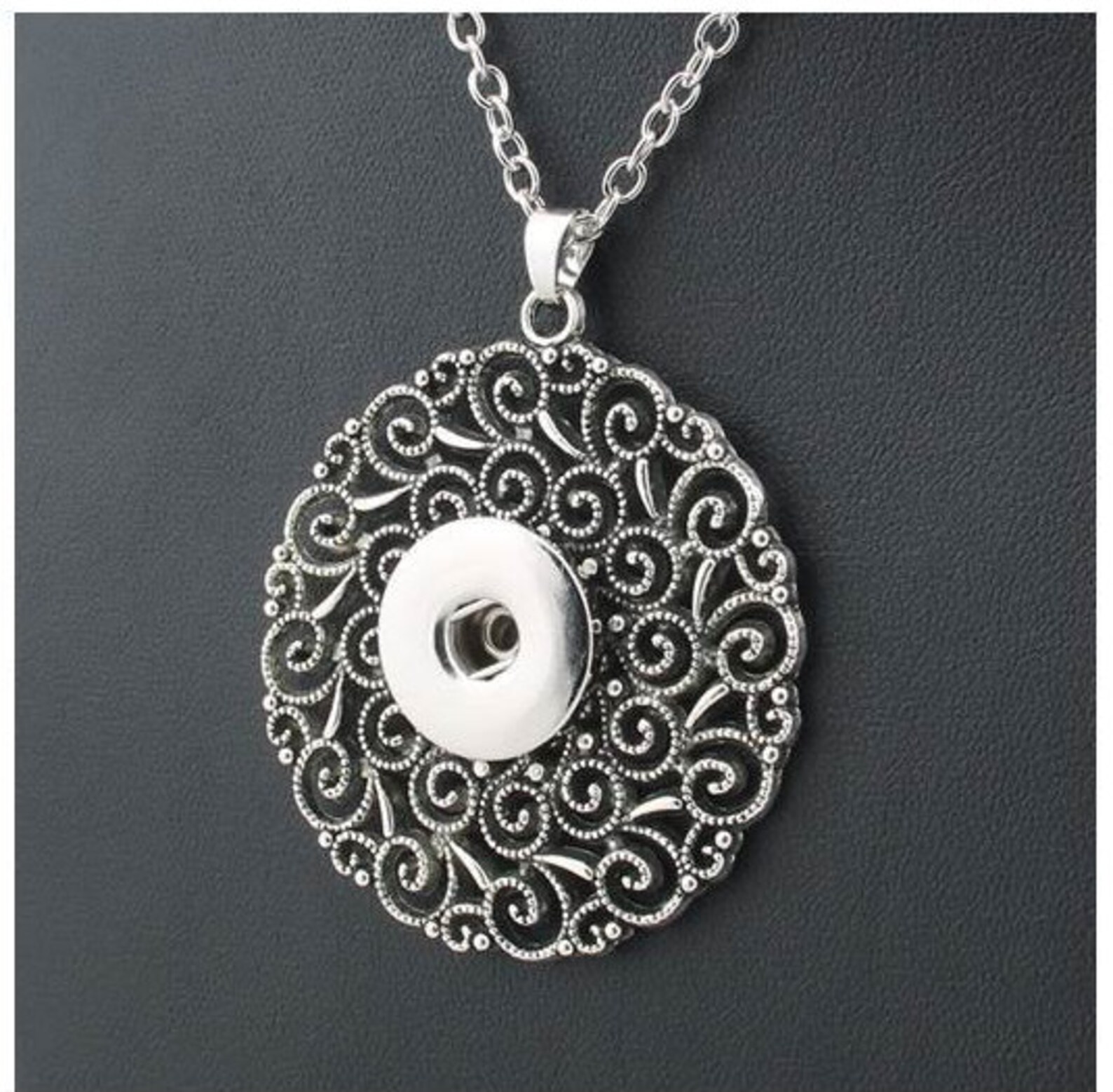 Snap Necklace Vintage Swirl Snap Necklace, Silvertone, 24" Link Chain ...