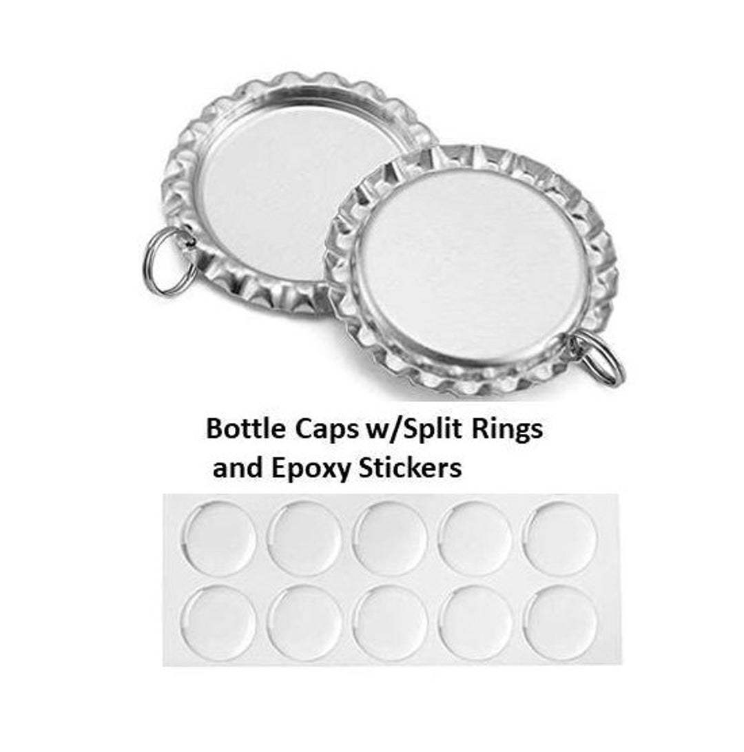 Flattened Bottle Caps With 8mm Split Rings Attached and Epoxy Stickers ...