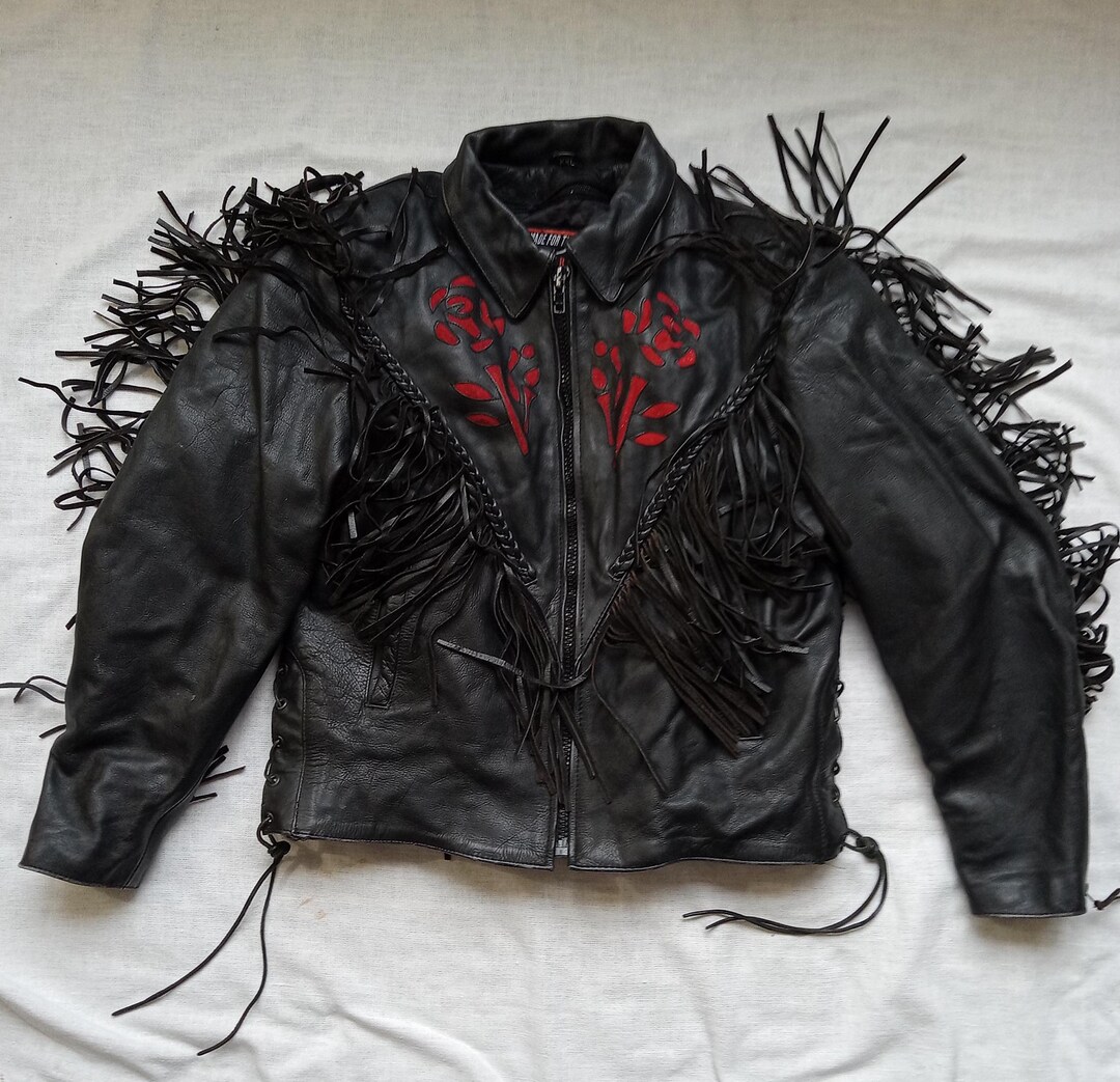 Leather Jacket Fringed Motorcycle Jacket/black With Red Roses/ Size Xxl ...