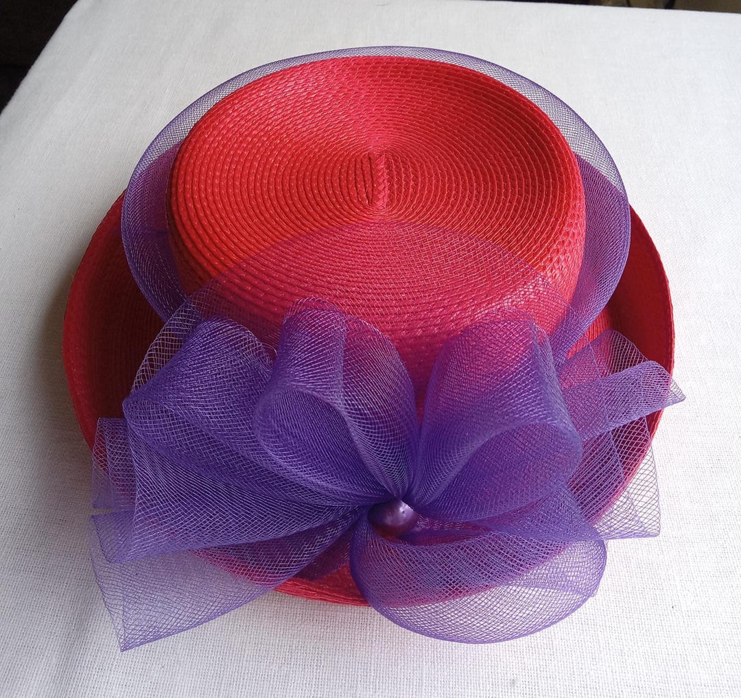 Red Hat Society Hat/straw Look Flat Top Red Hat Purple Net Trim/21 In ...