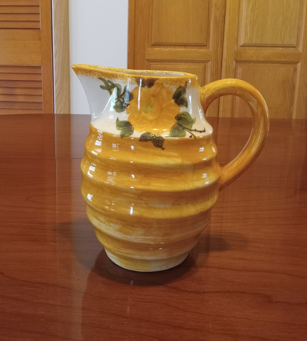 Cash Family Pitcher/ridged Barrel Abby Shape/golden Yellow, Flower on ...