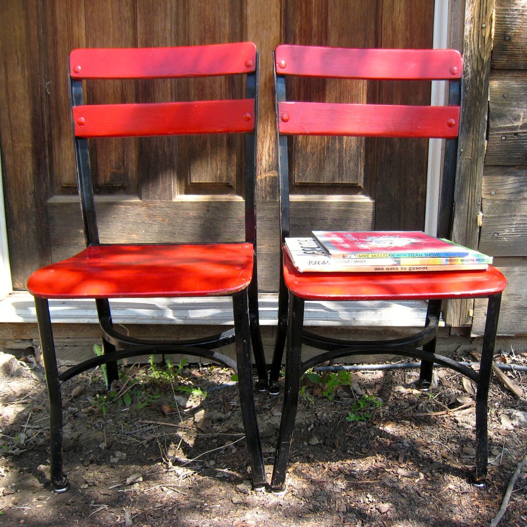 School Chairs, Vintage Red and Black Childs Chairs, Mid-century School ...