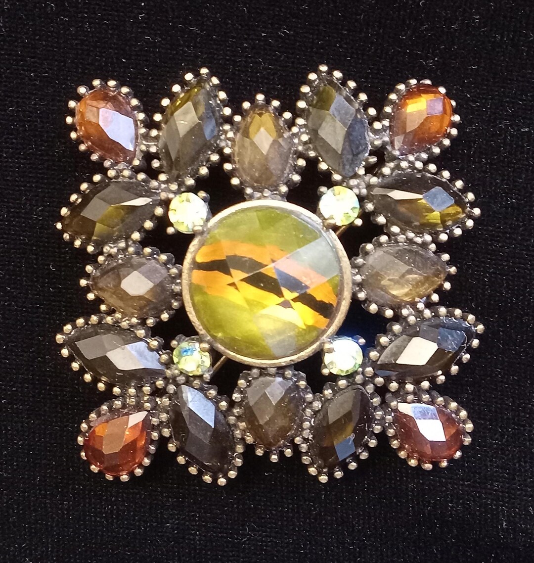 Brooch/large Glass Gems/square Victorian Gothic Style/green, Amber ...