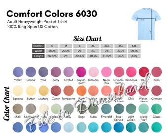 Comfort Colors 9018 Color Chart and Size Chart, CC9018 Youth T-shirt ...