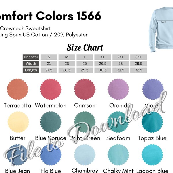 Comfort Colors 1717 Color Chart and Size Chart, CC1717 T-shirt Color ...