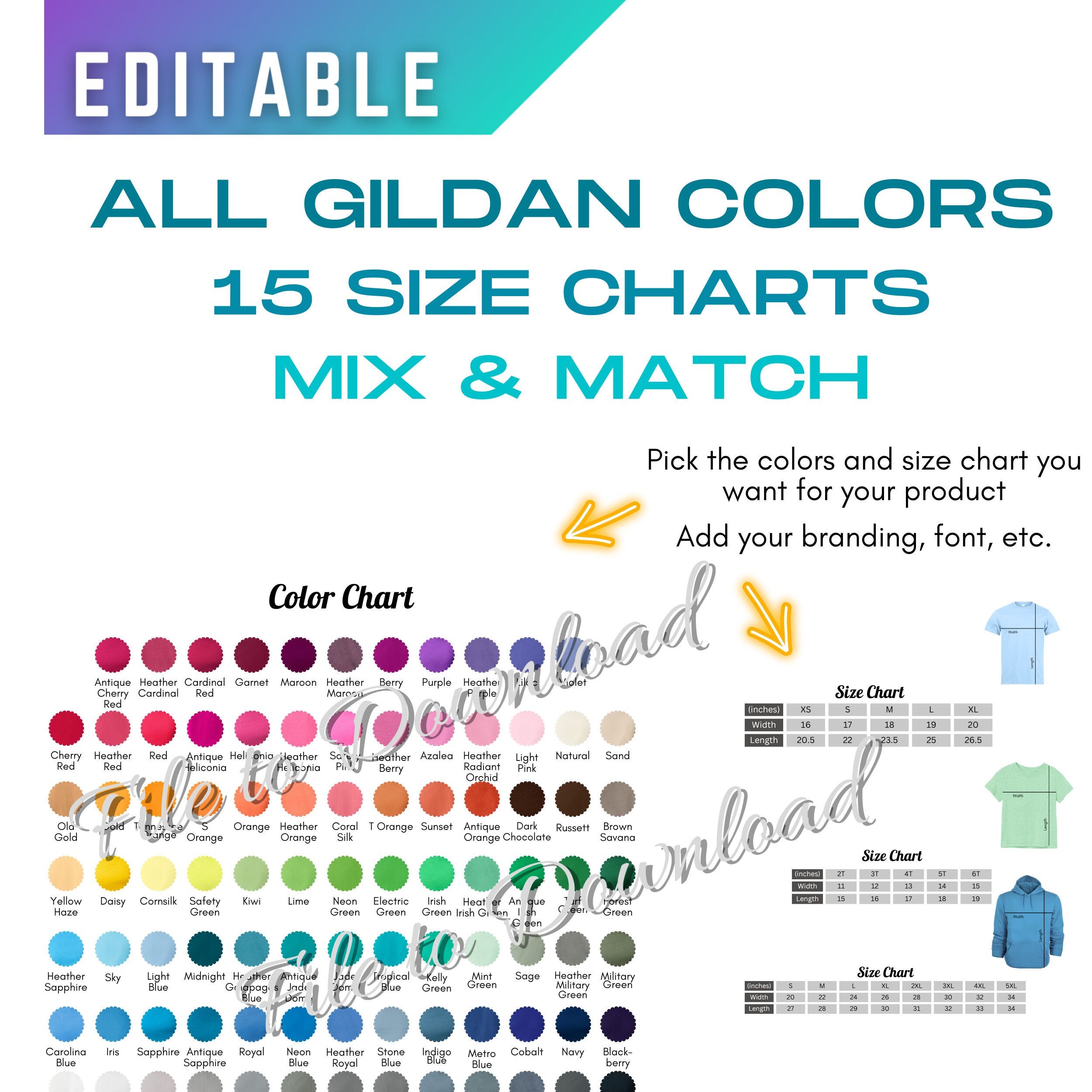 Editable Gildan Color Charts and Size Charts All Colors & 15 Size ...