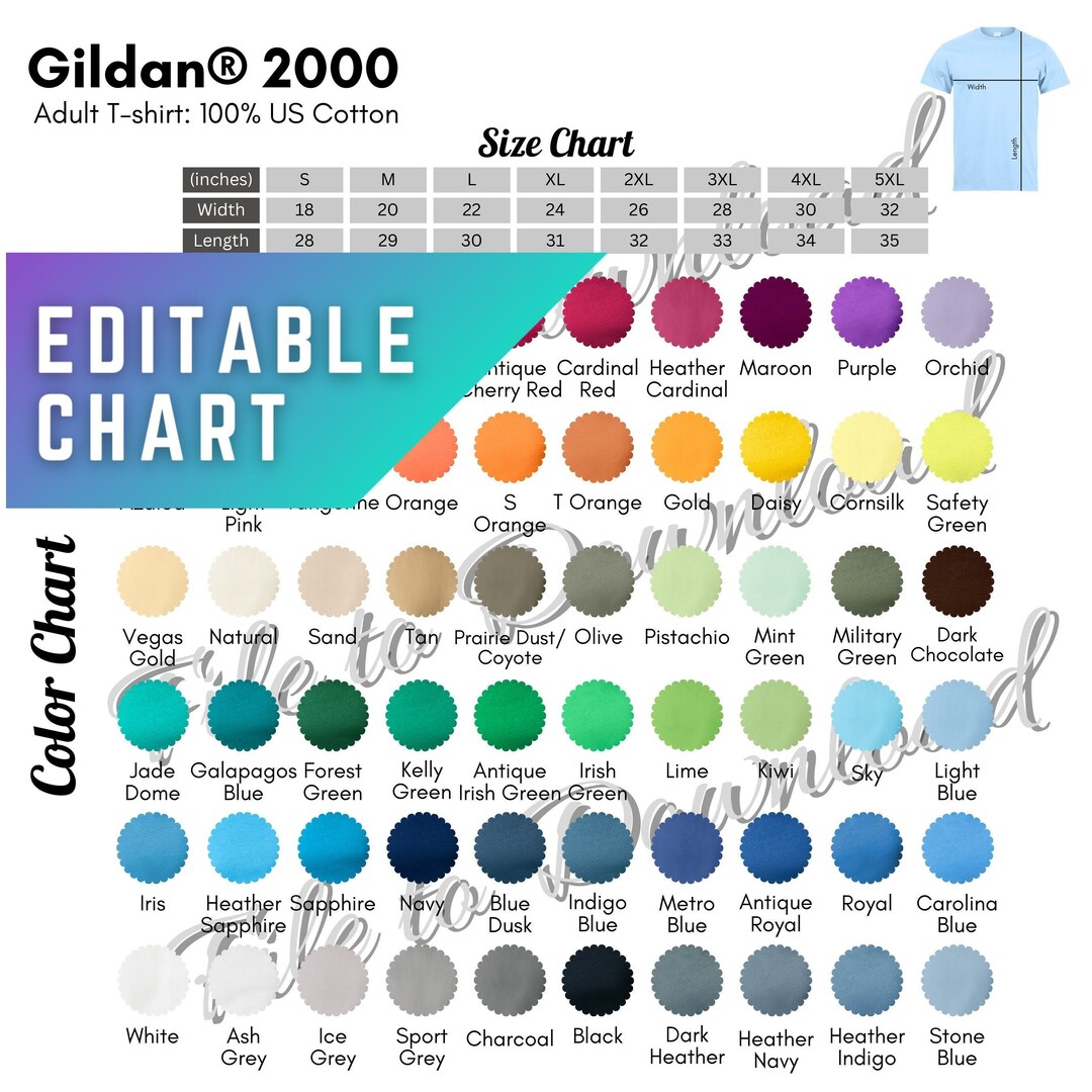 Editable Gildan 2000 Color Chart and Size Chart, Gildan Adult Unisex ...