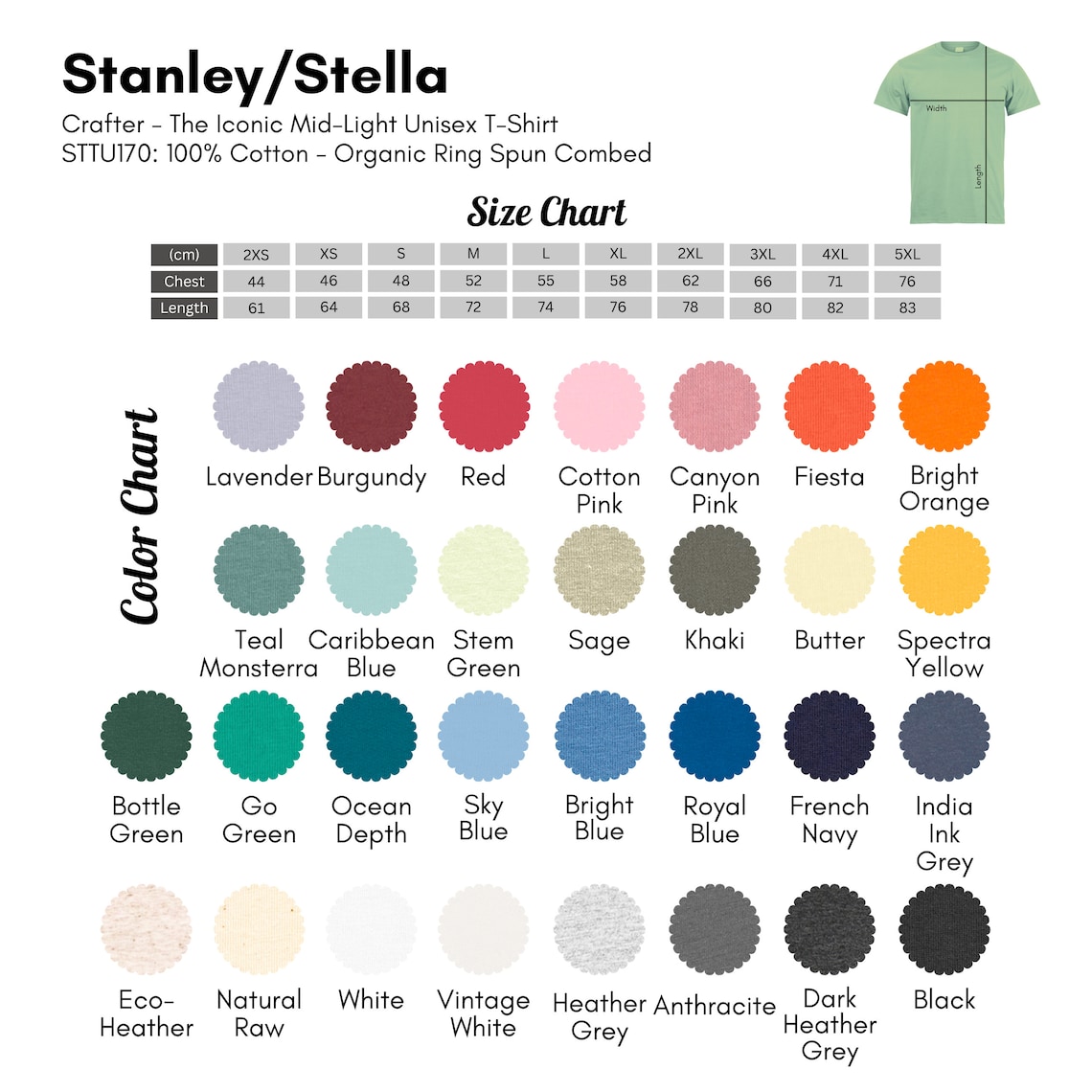 Stanley/stella Color Chart and Size Chart, STTU70 Stanley Stella ...