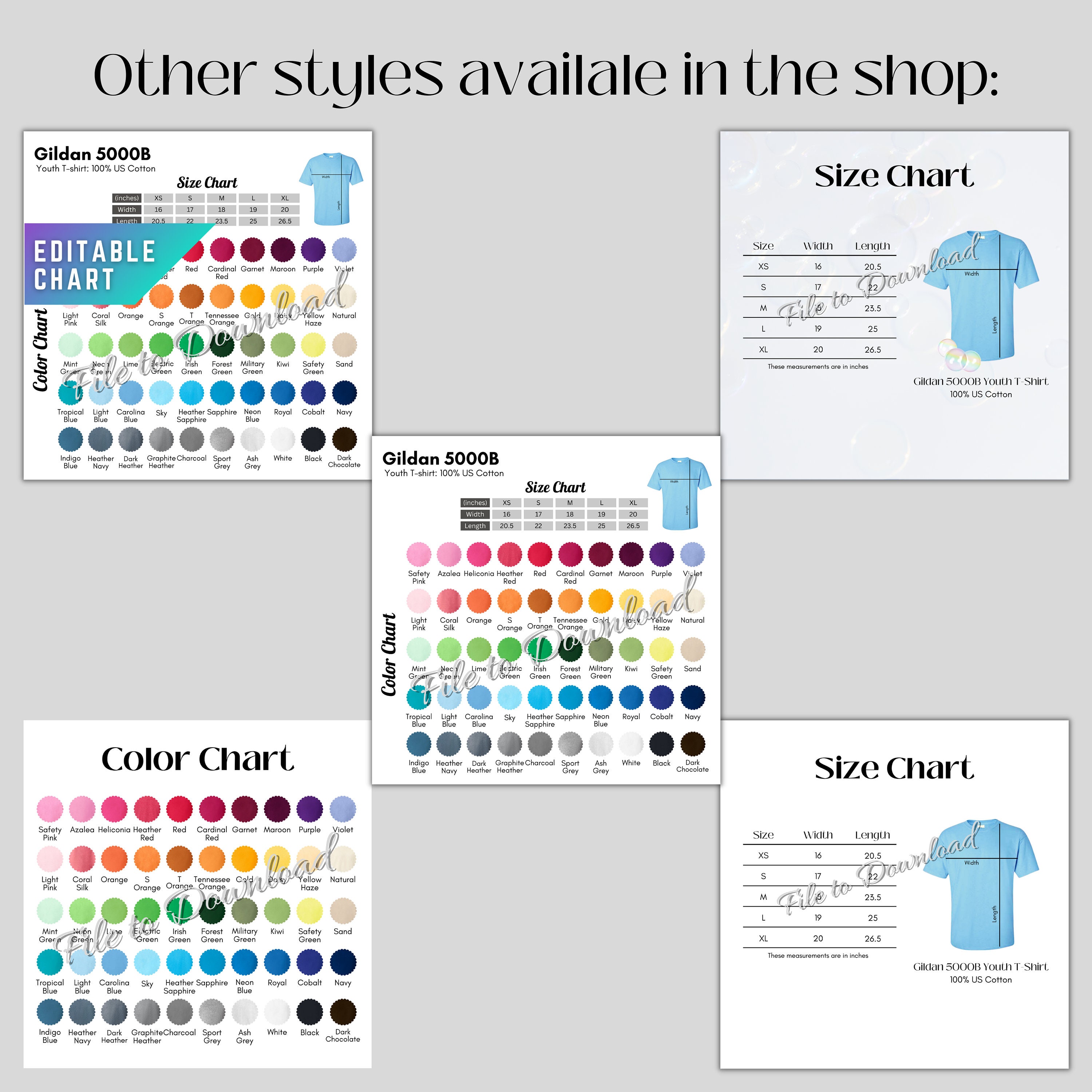 Gildan 5000B Color Chart and Size Chart, Gildan Youth T-shirt Color ...