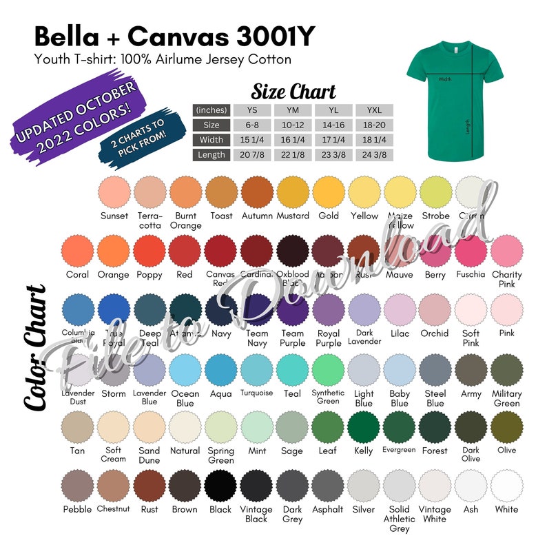 EDITABLE Bella Canvas 3001Y Color and Size Chart Bella and - Etsy