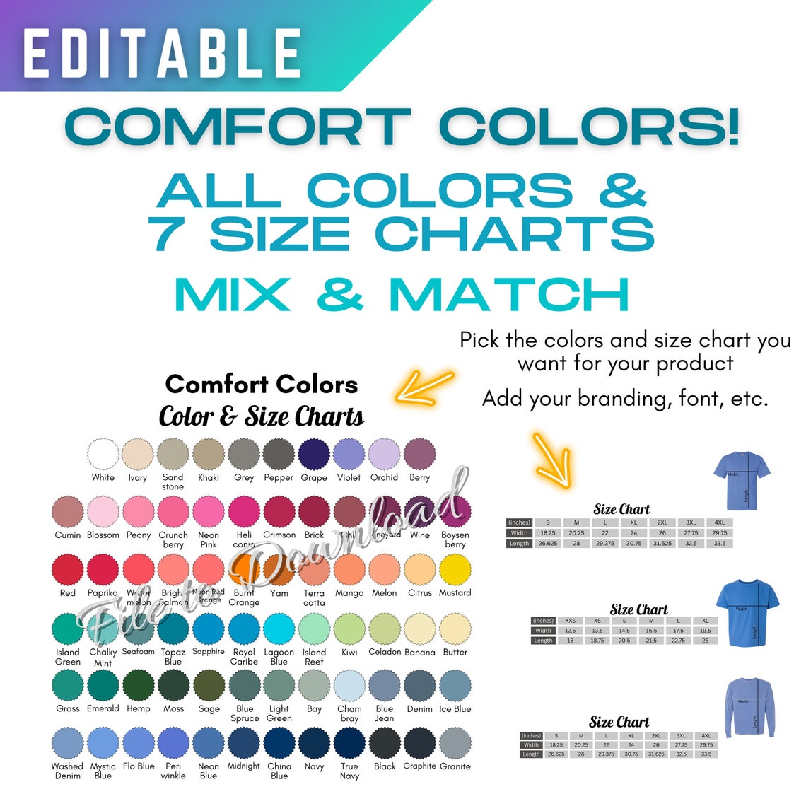 Editable Comfort Colors Size Charts and Color Charts All - Etsy