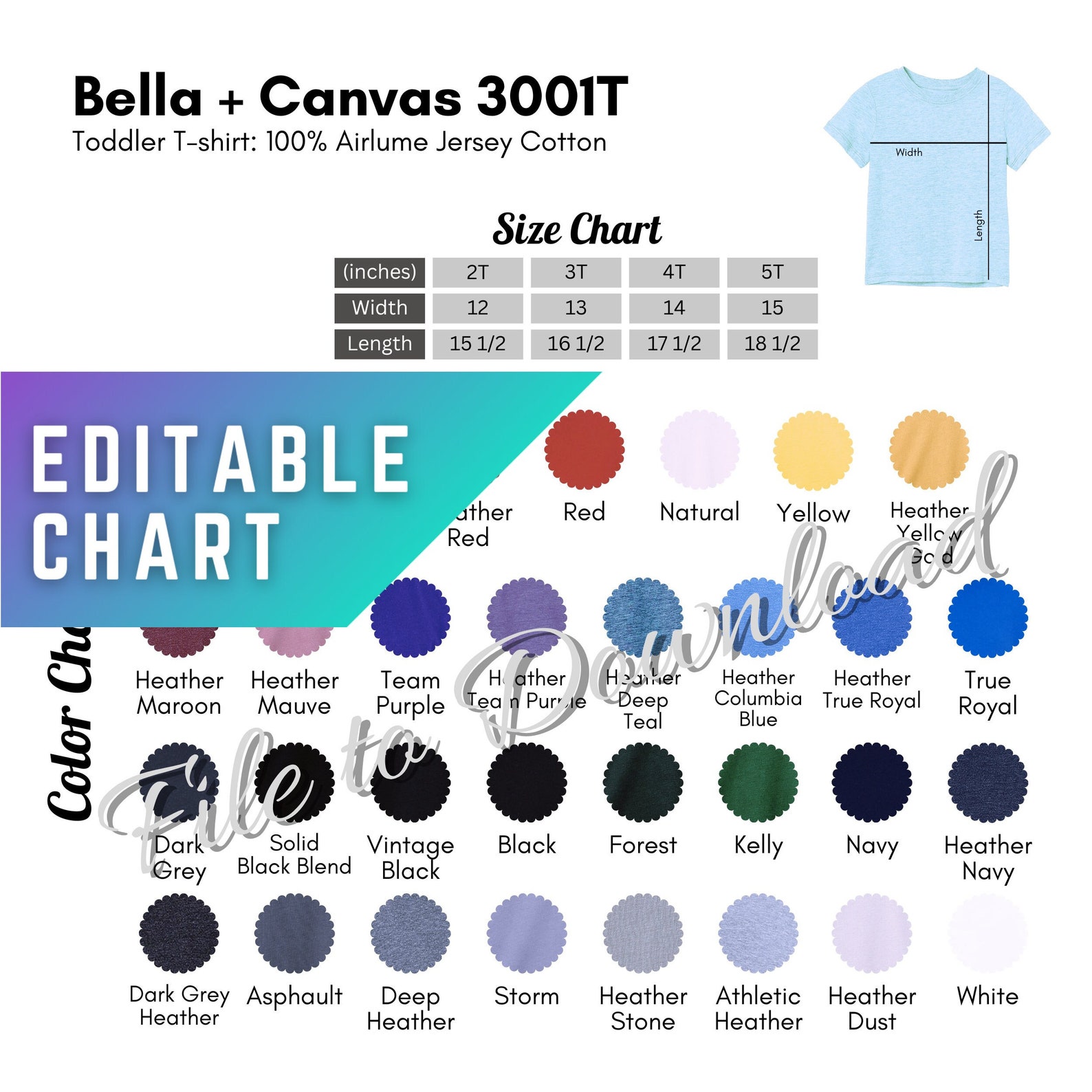 Editable Bella Canvas 3001T Color and Size Chart, BC3001T Toddler ...