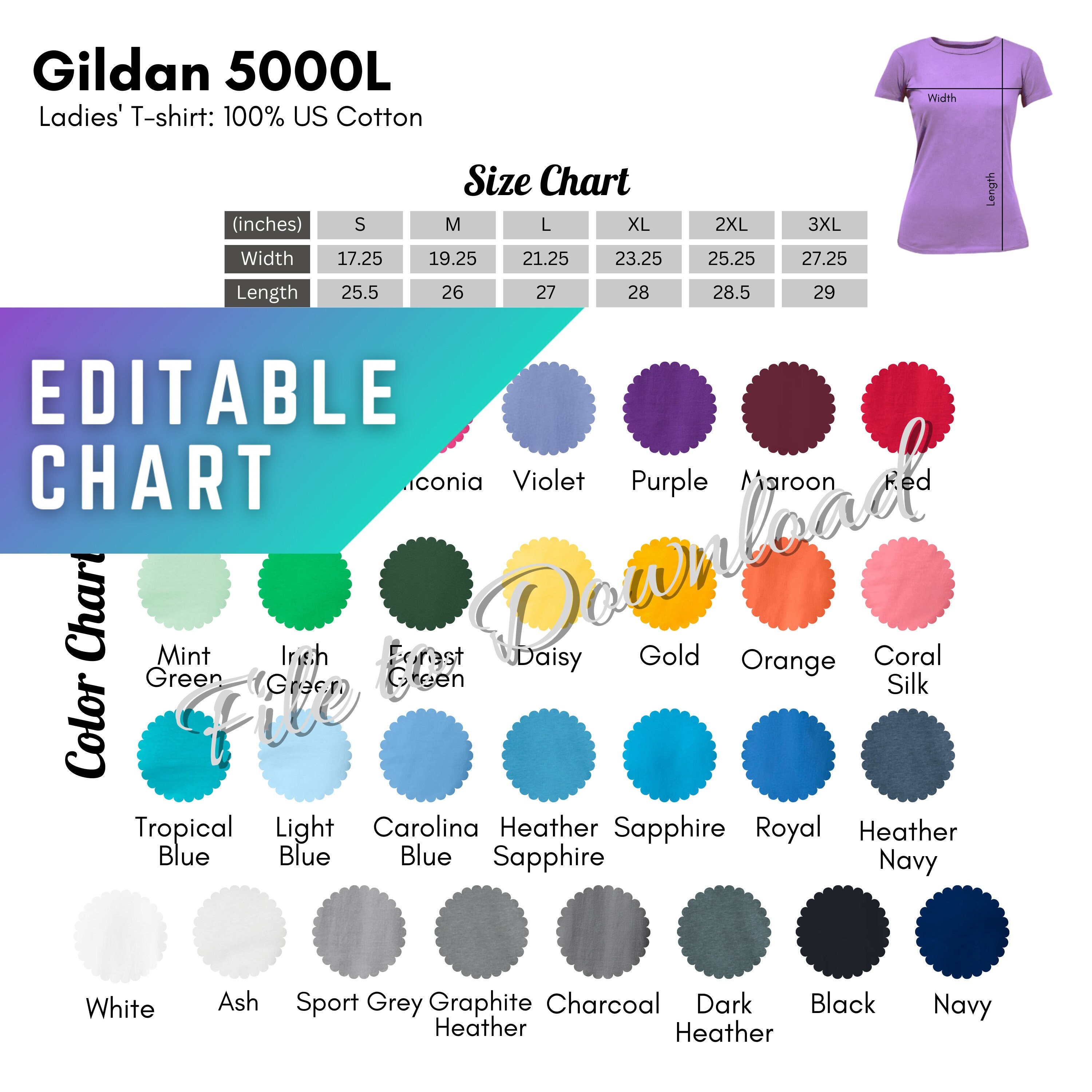 Editable Gildan 5000L Color Chart and Size Chart, G500L Ladiest-shirt ...