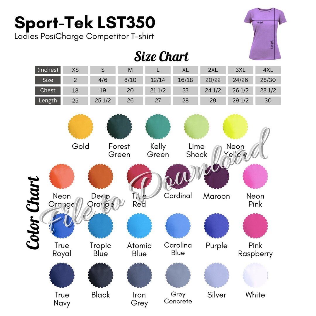 Sport-tek LST350 Color Chart and Size Chart, Sport Tek LST350 Ladies ...