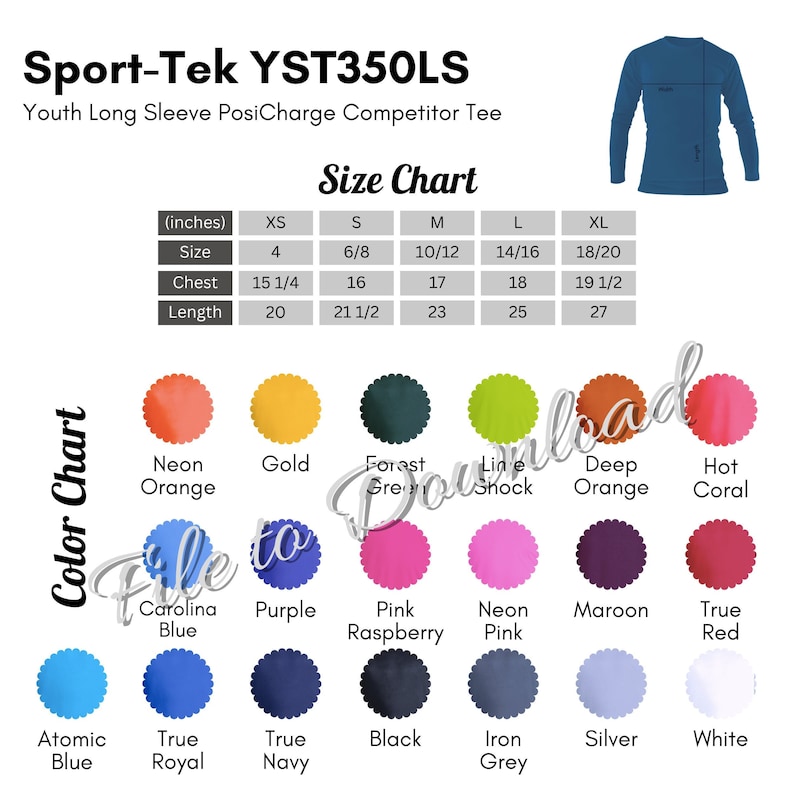Sport-tek YST350LS Color Chart and Size Chart, Sport Tek YST350LS Youth ...