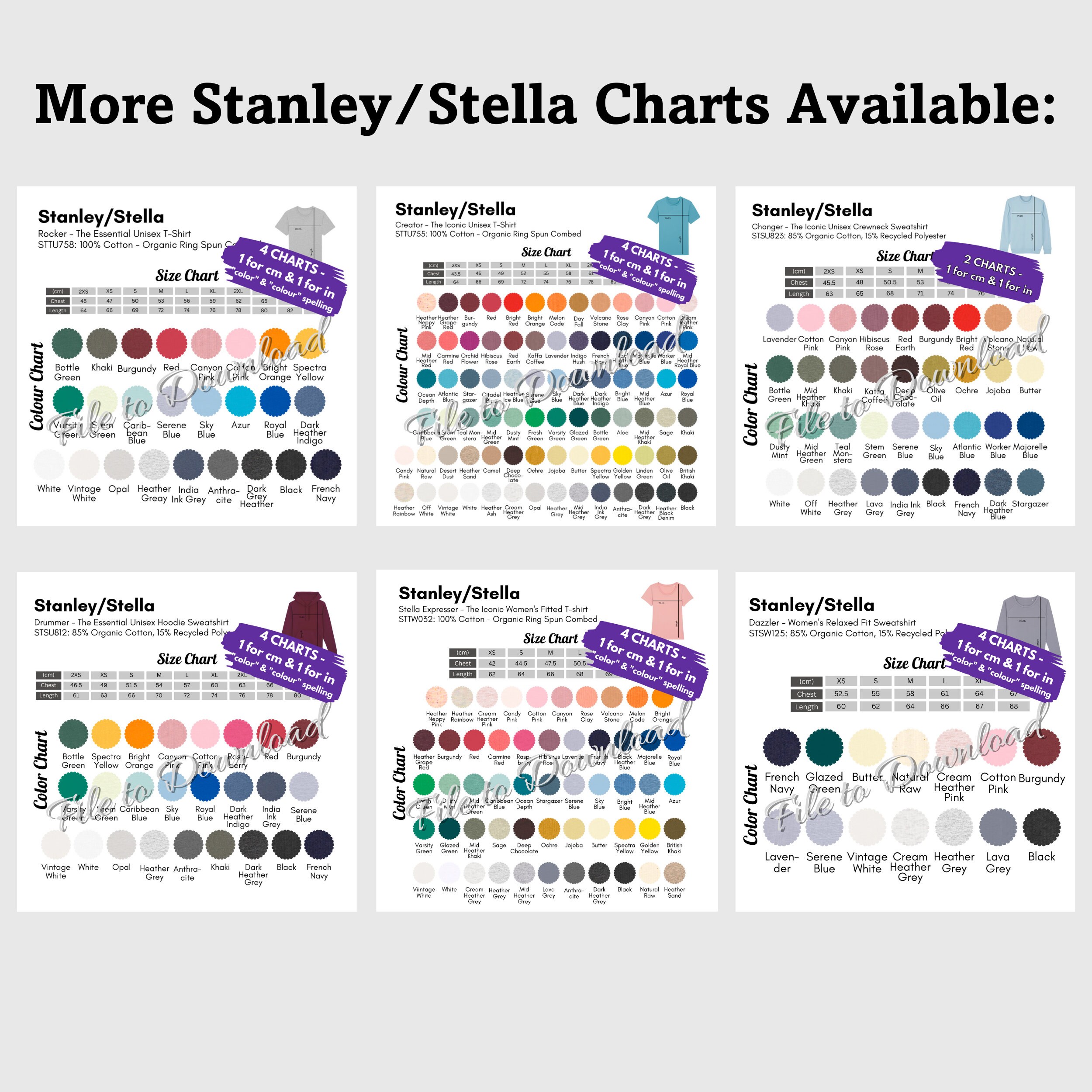 Stanley/stella STTW023 Color Chart and Size Chart, Stanley Stella ...