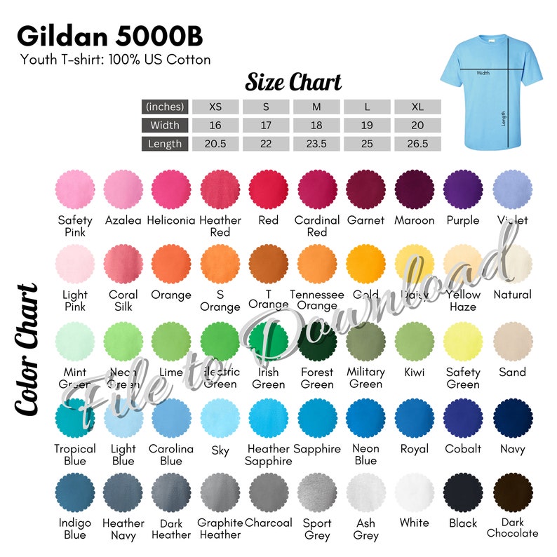 EDITABLE Gildan 5000B Color and Size Chart G500B Youth Tshirt - Etsy