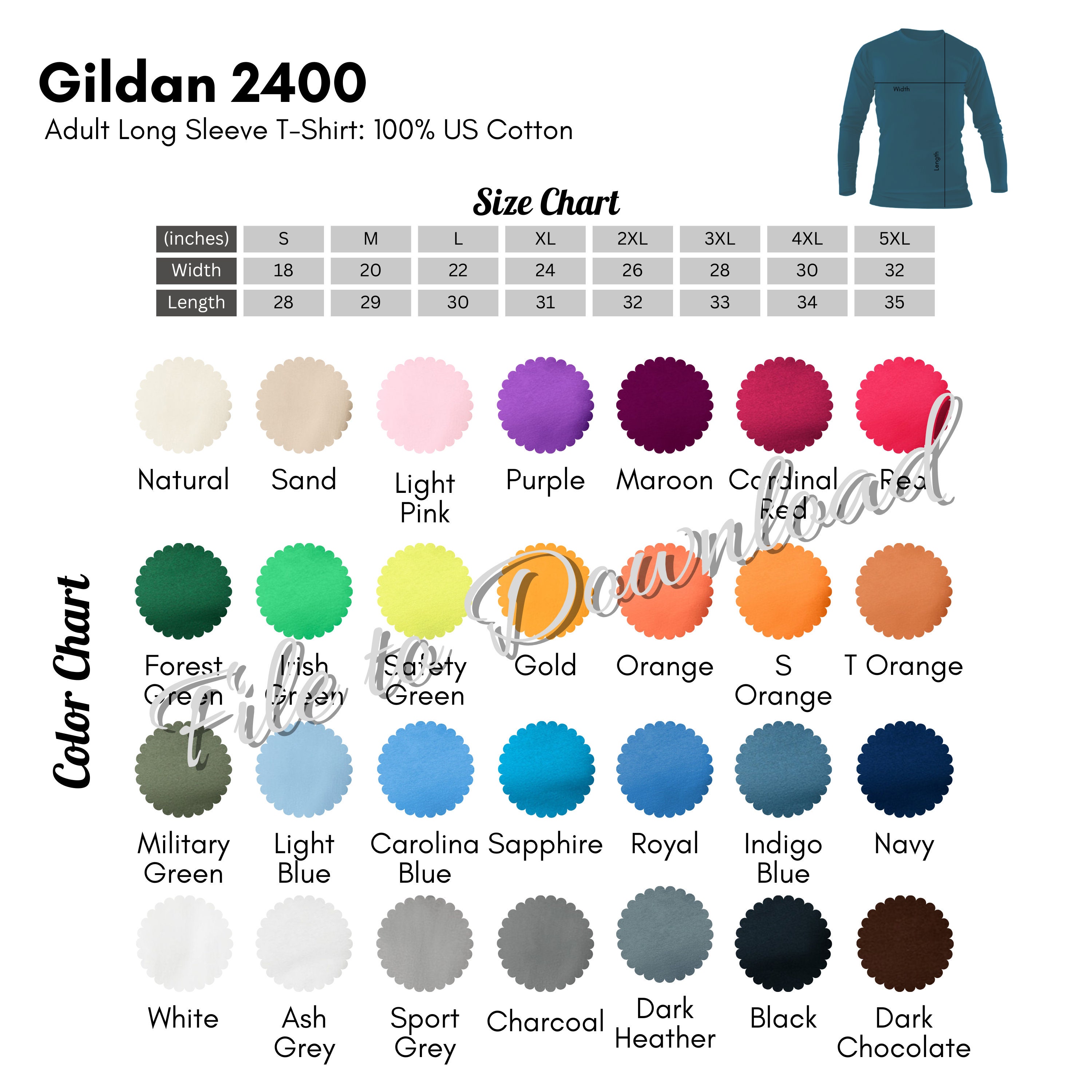 Editable Gildan 2400 Color Chart and Size Chart, Gildan 2400 Adult Long ...