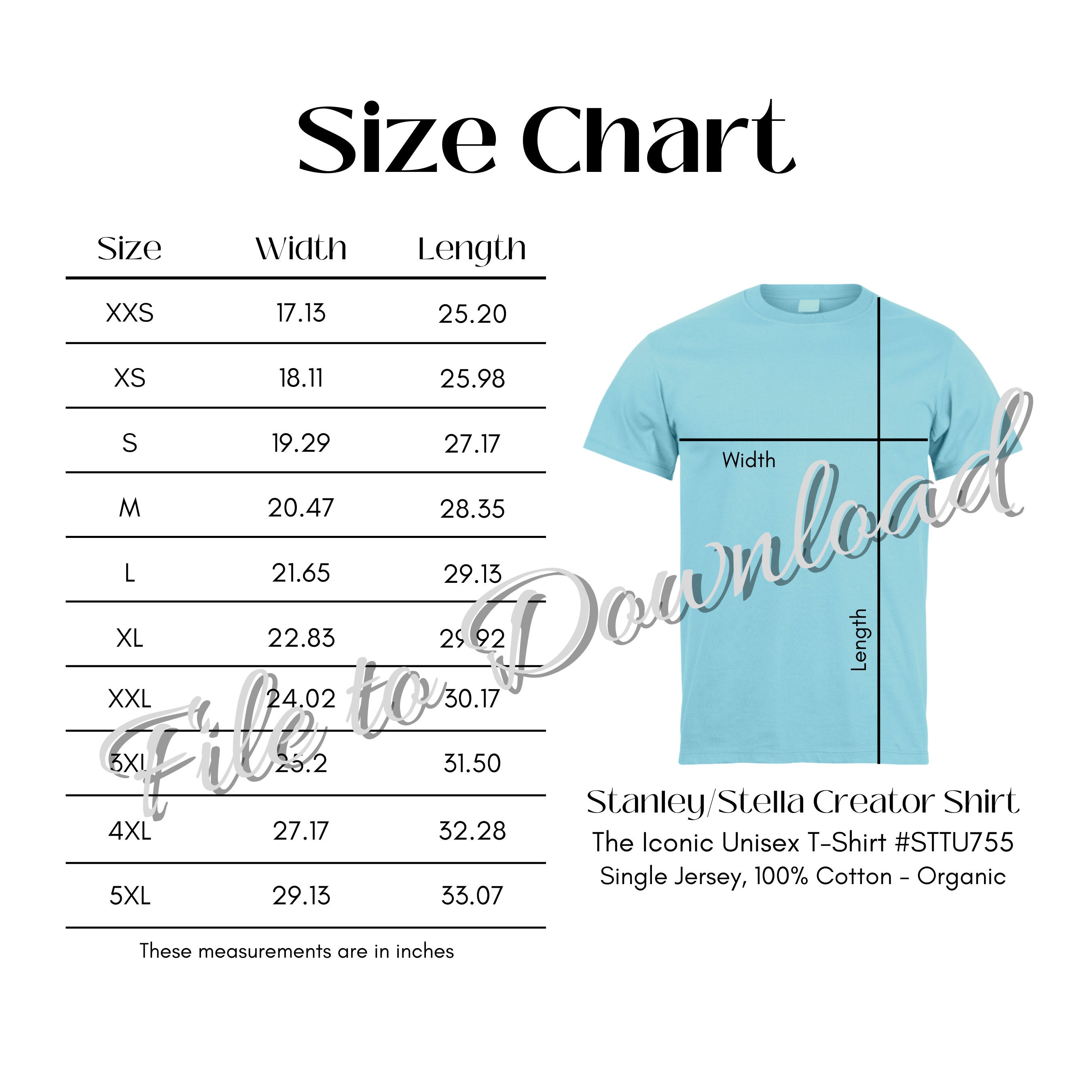 Stanley/stella Size Chart, STTU755 Stanley Stella Shirt Size Guide ...