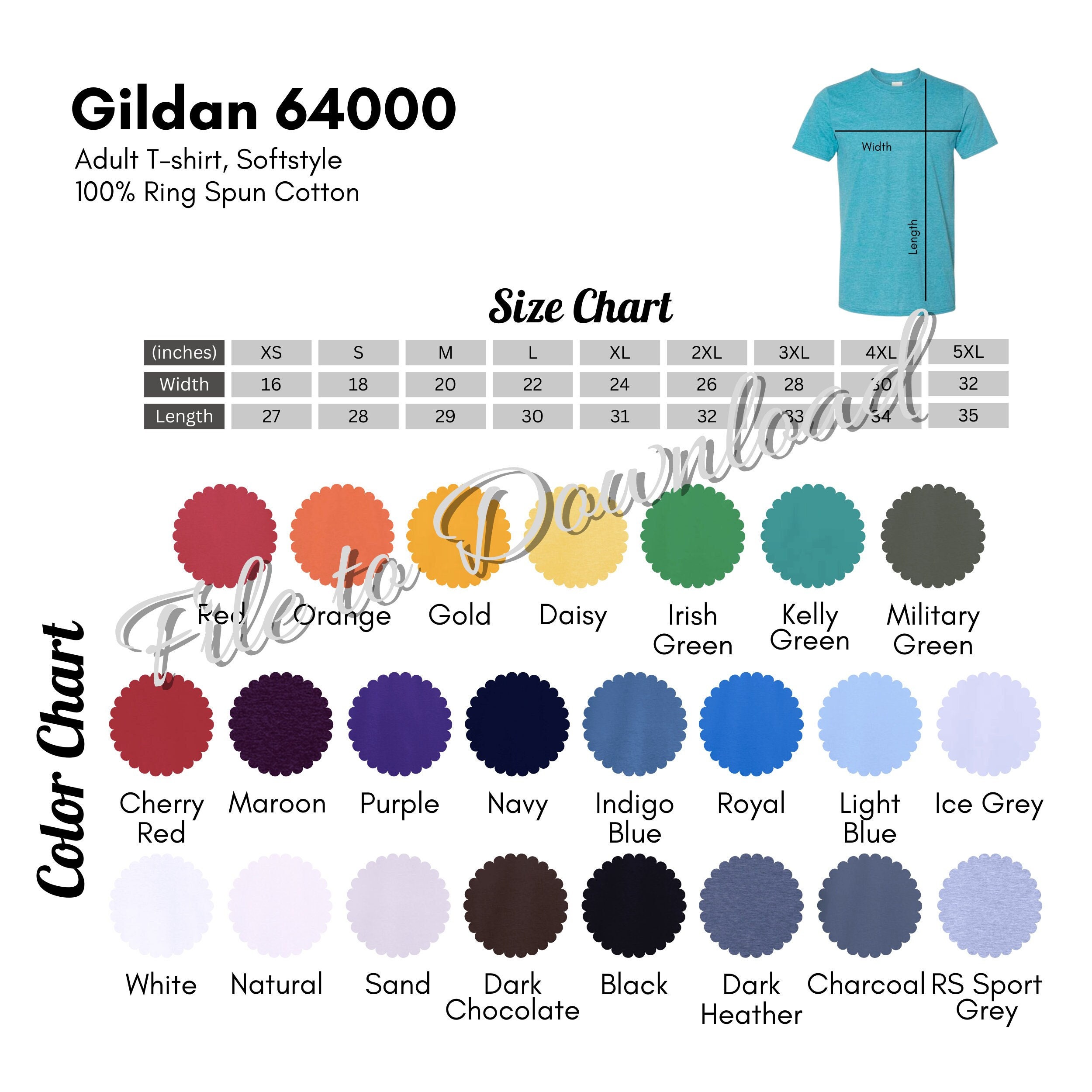 Gildan 64000 Color Chart And Size Chart G640 Adult Softstyle Etsy Finland