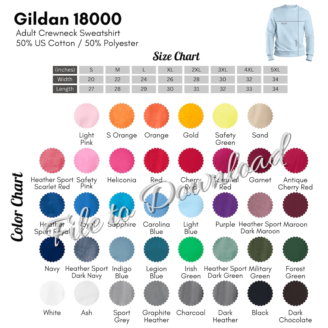 Gildan 18000 Color Chart and Size Chart, Gildan Crewneck Sweatshirt ...