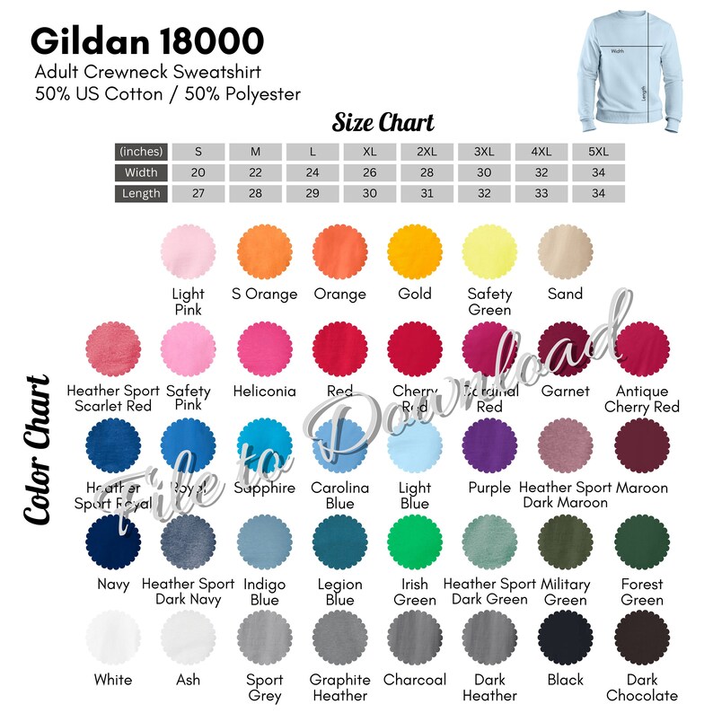 Gildan 18000 Color Chart and Size Chart, Gildan Crewneck Sweatshirt ...