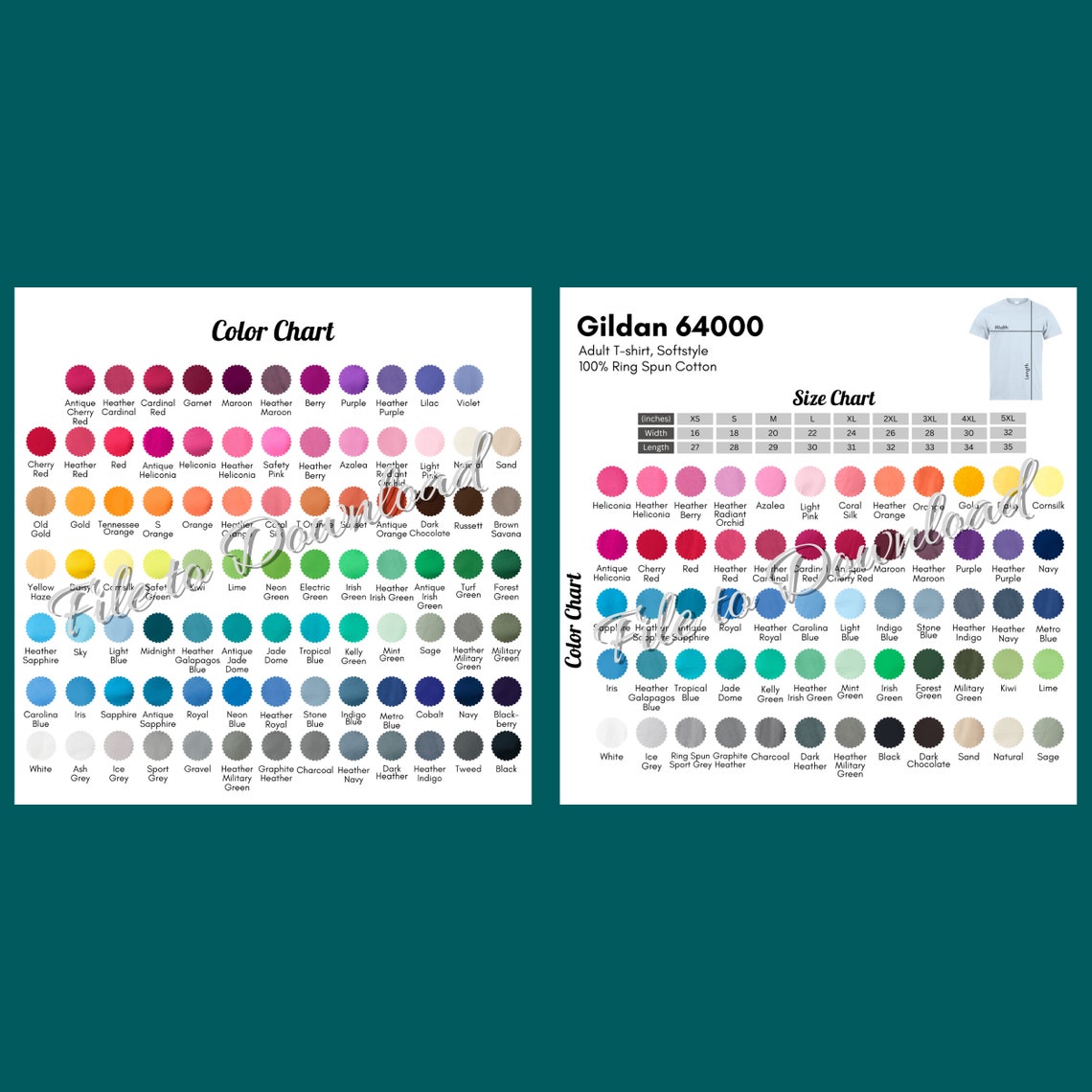 BUNDLE Gildan Color and Size Charts, Gildan T-shirt Color Guide, Gildan ...