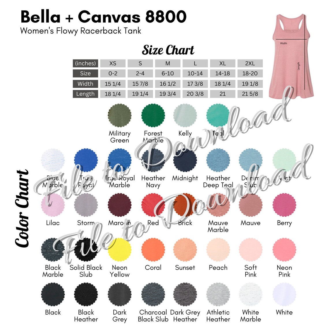Bella Canvas 8800 Color and Size Chart BC8800 Women's - Etsy