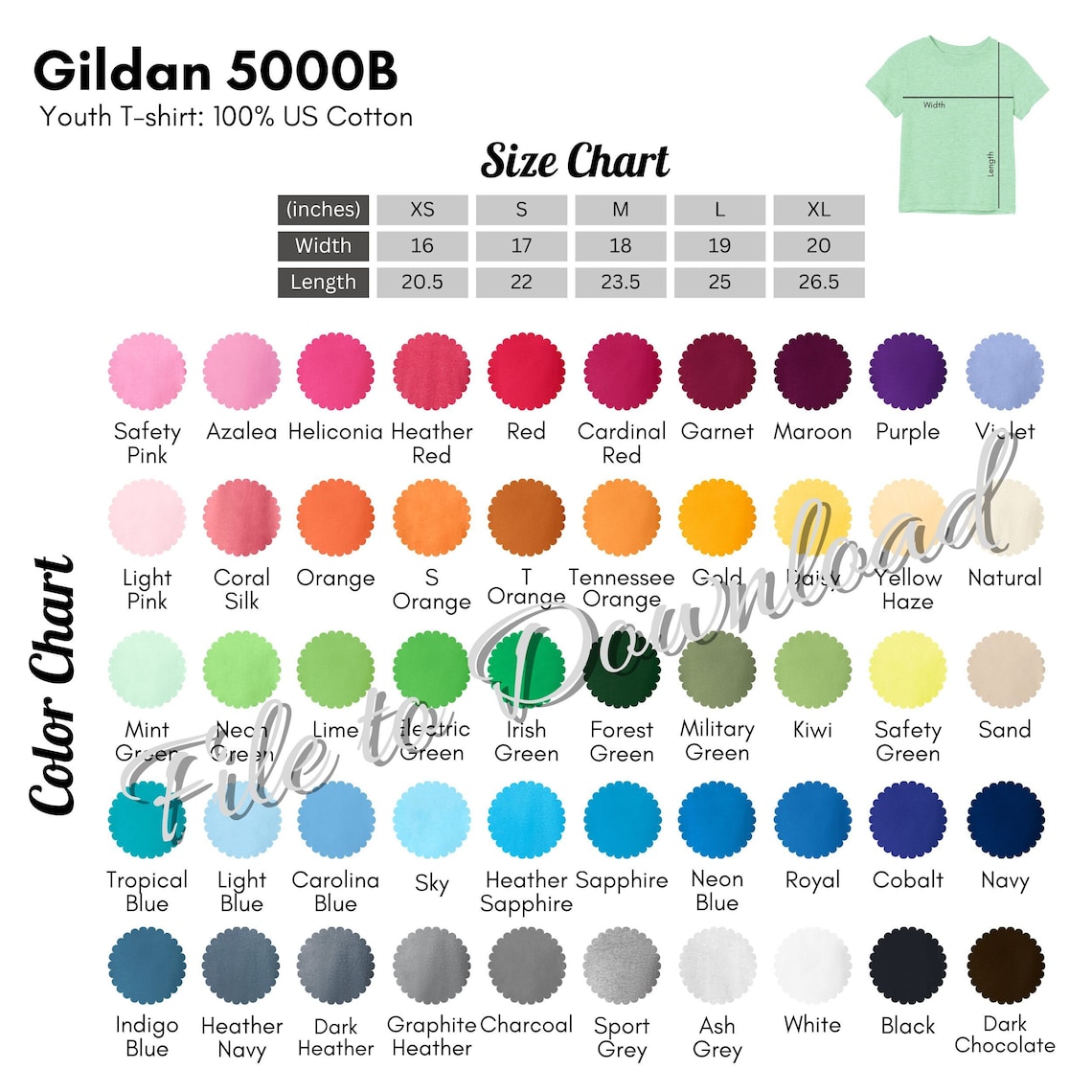 Gildan 5000B Color Chart and Size Chart, Gildan Youth T-shirt Color ...