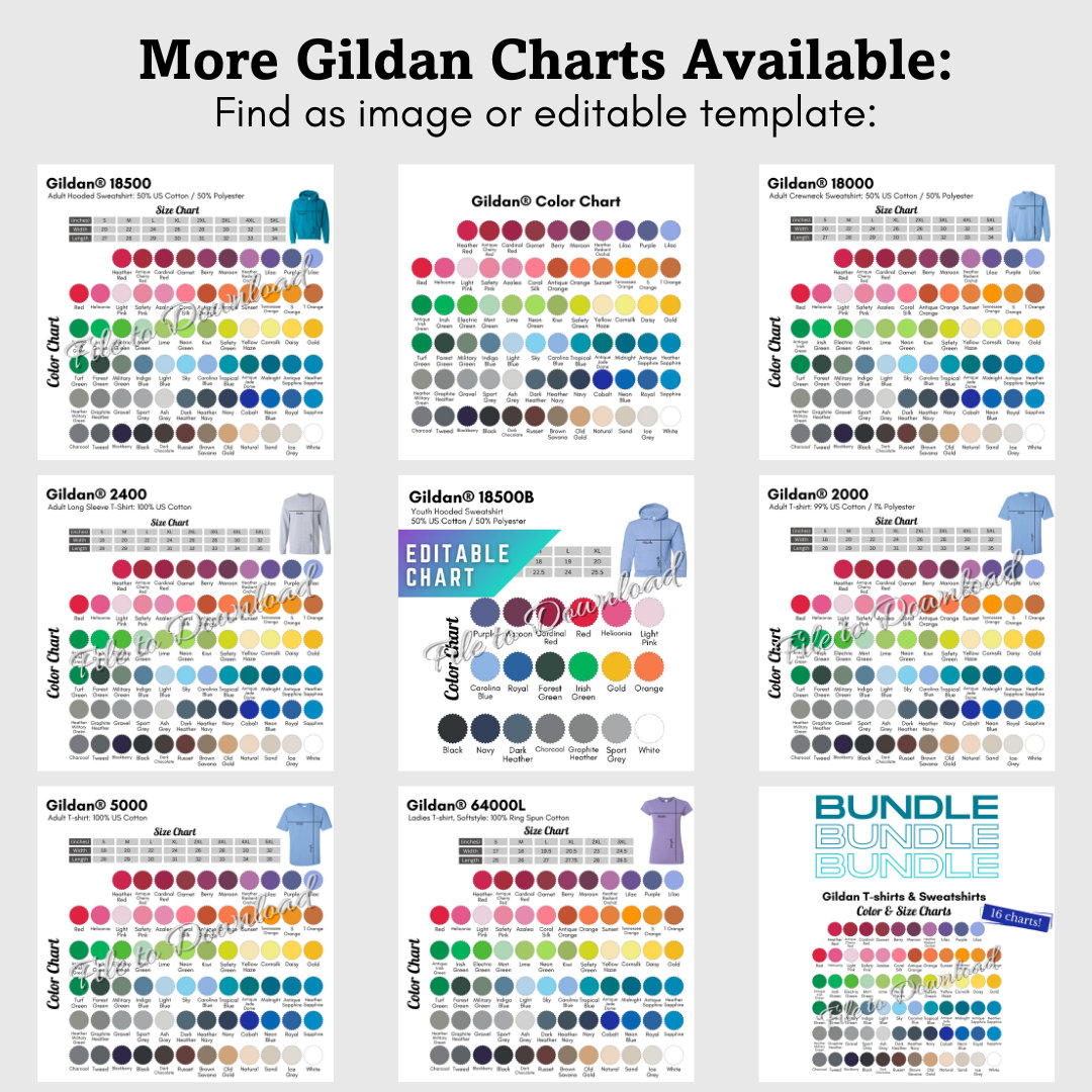 Gildan 18000 Color Chart and Size Chart, Gildan Crewneck Sweatshirt ...