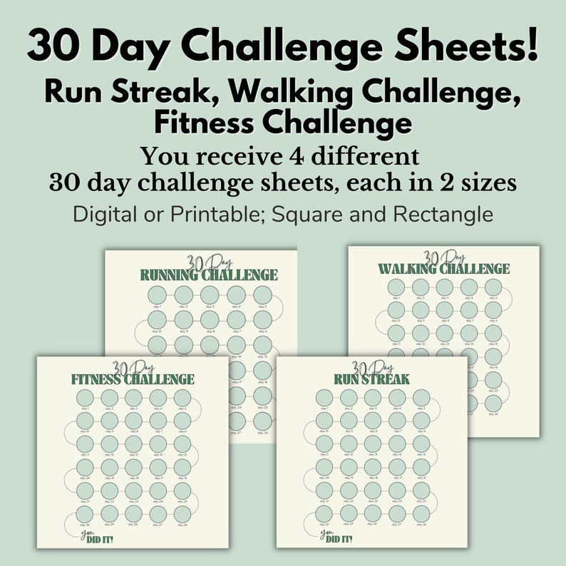 30 Day Challenge Tracker, Run Streak Tracker, Walking Challenge Log ...