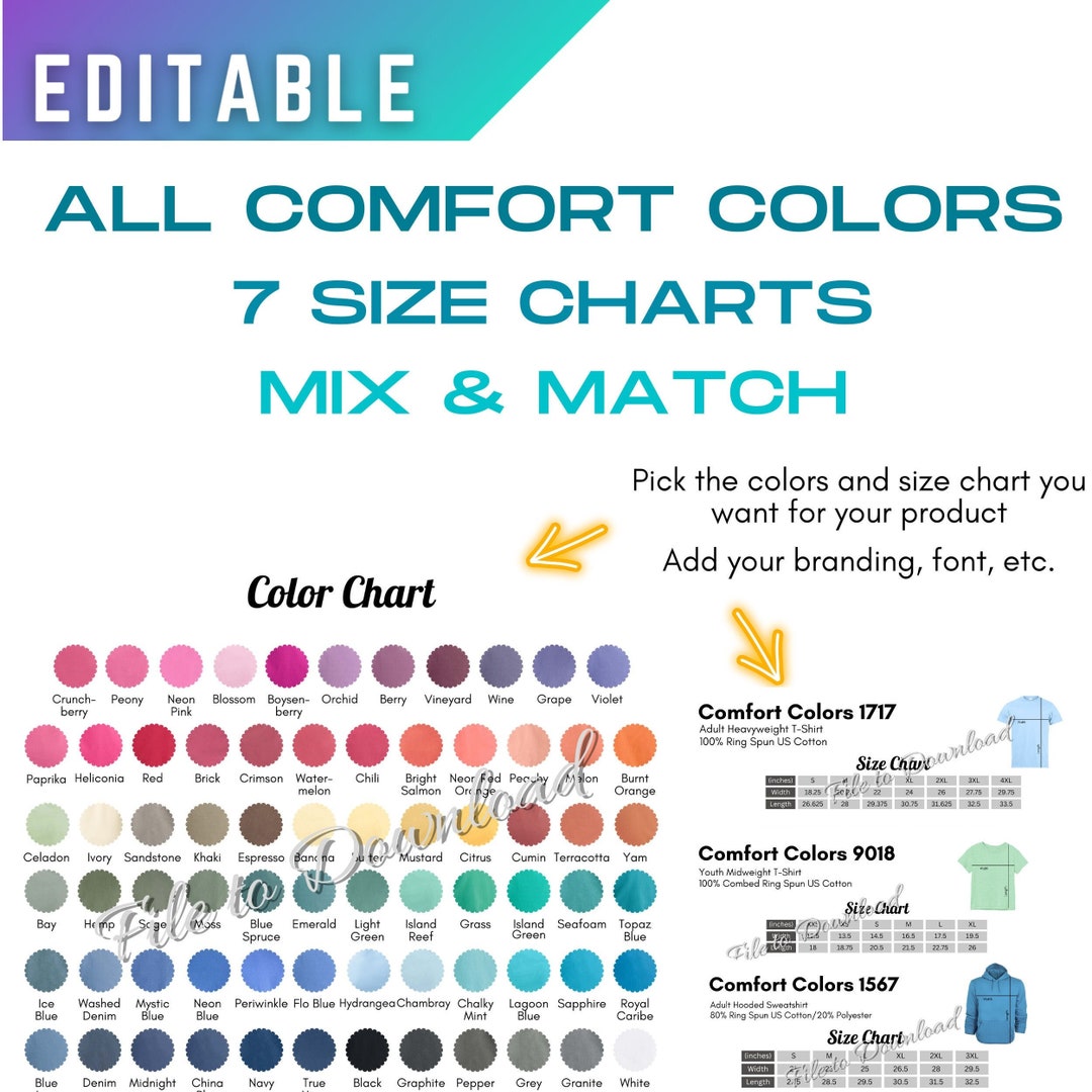 Tablas de tallas y tablas de colores editables de colores cómodos ...