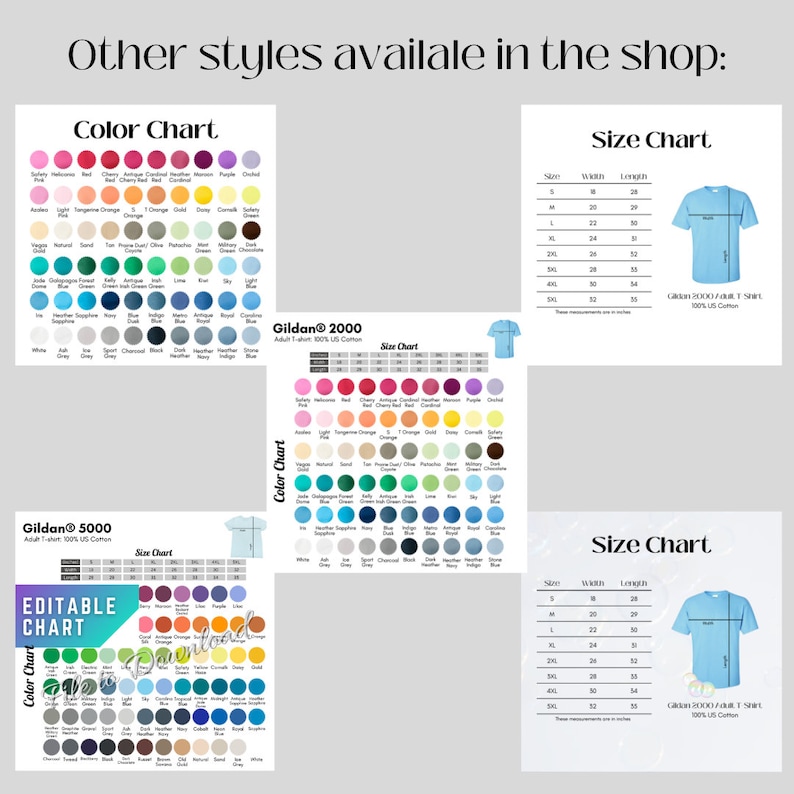 Editable Gildan 2000 Color Chart and Size Chart, Gildan Adult Unisex ...