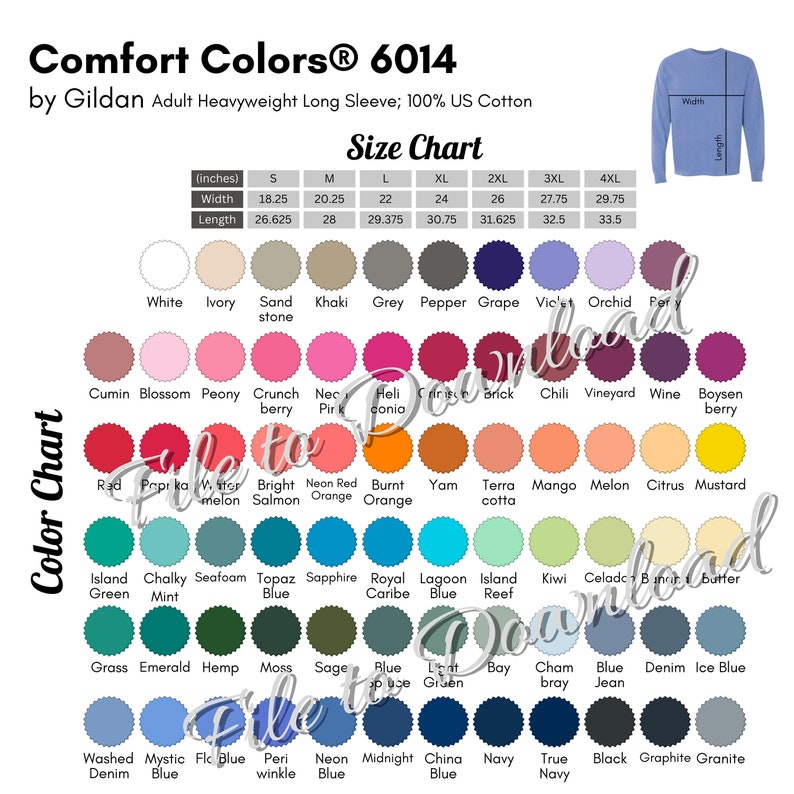 Comfort Colors 6014 Color Chart And Size Chart Comfort Colors Etsy