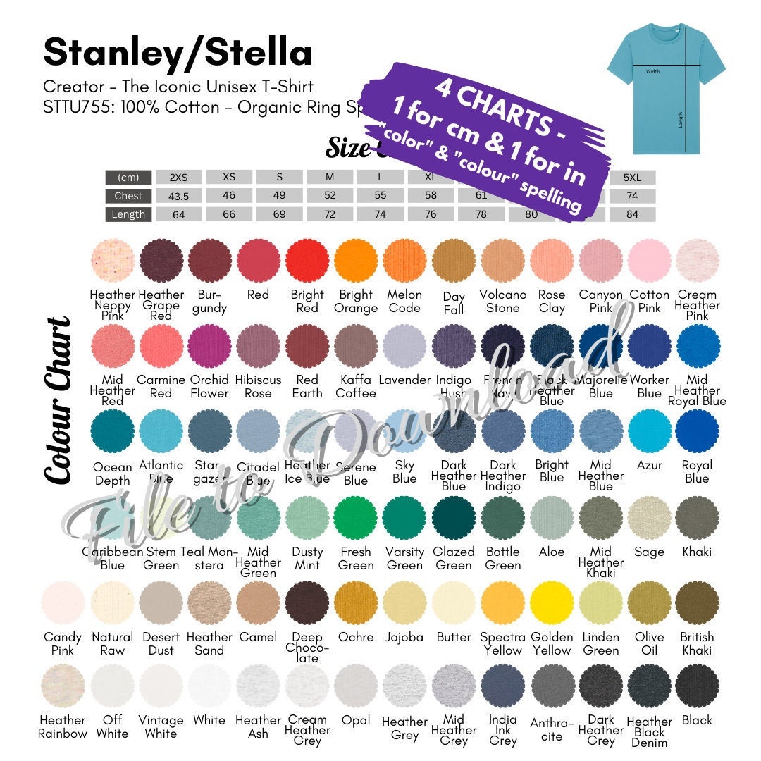 Stanley/stella Color Chart and Size Chart STTU755 Stanley - Etsy