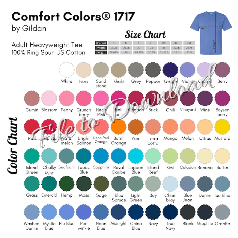 Comfort Colors 1717 Color Chart and Size Chart CC1717 T-shirt - Etsy