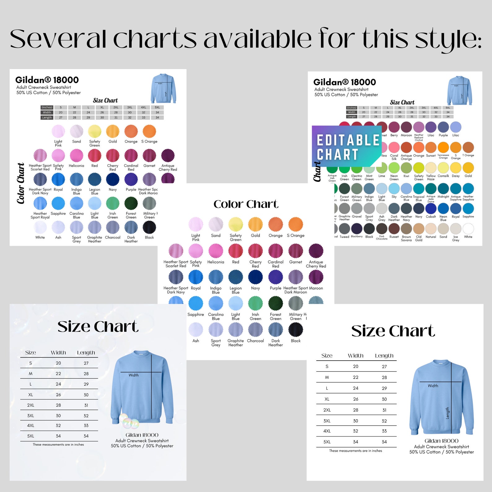 Gildan 18000 Color Chart and Size Chart, Gildan Crewneck Sweatshirt ...