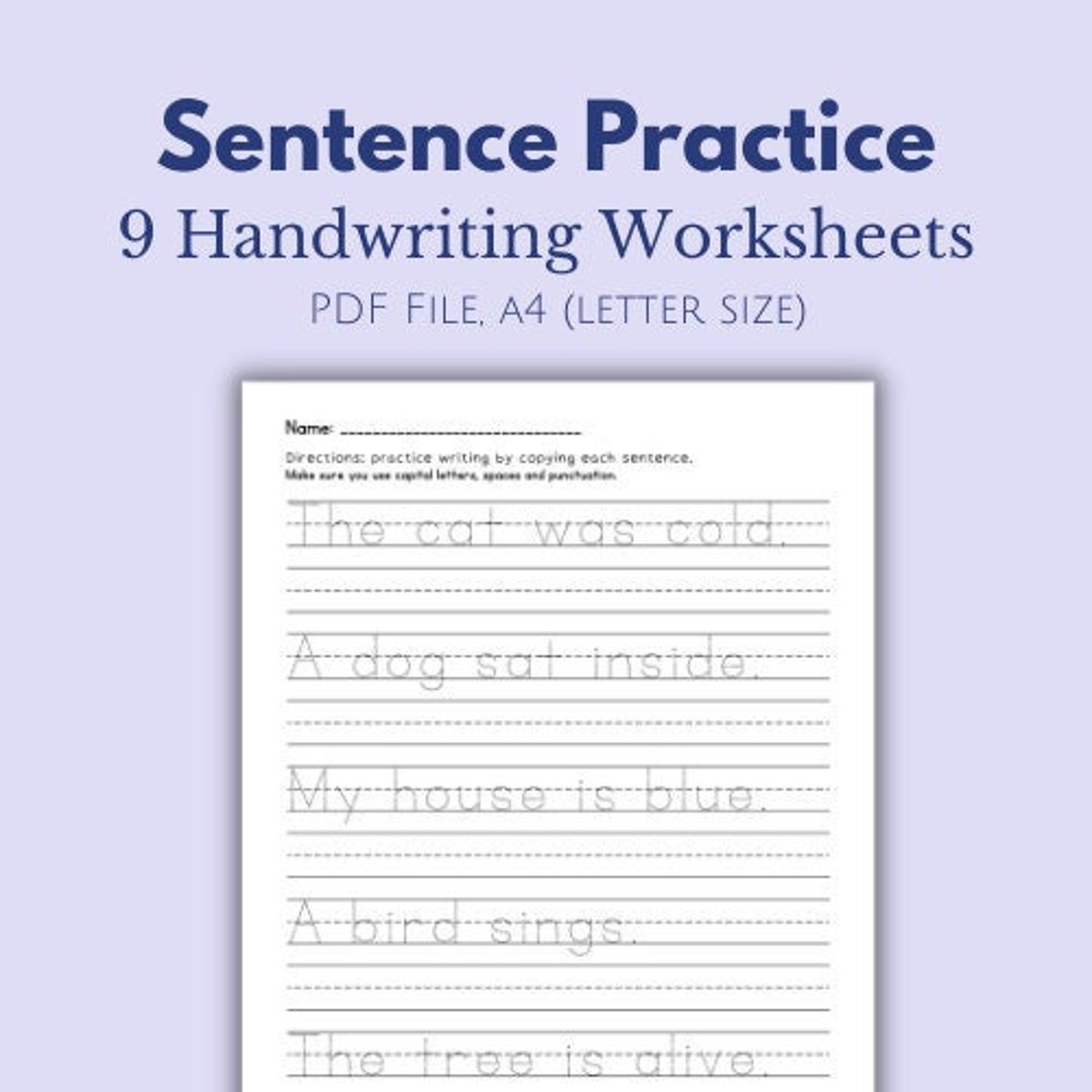 Sentence Worksheet, Handwriting Printable Tracing Sheet, Digital ...
