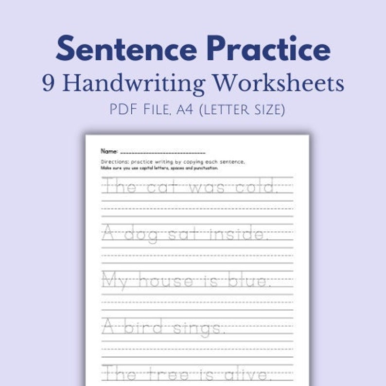 Sentence Worksheet, Handwriting Printable Tracing Sheet, Digital ...
