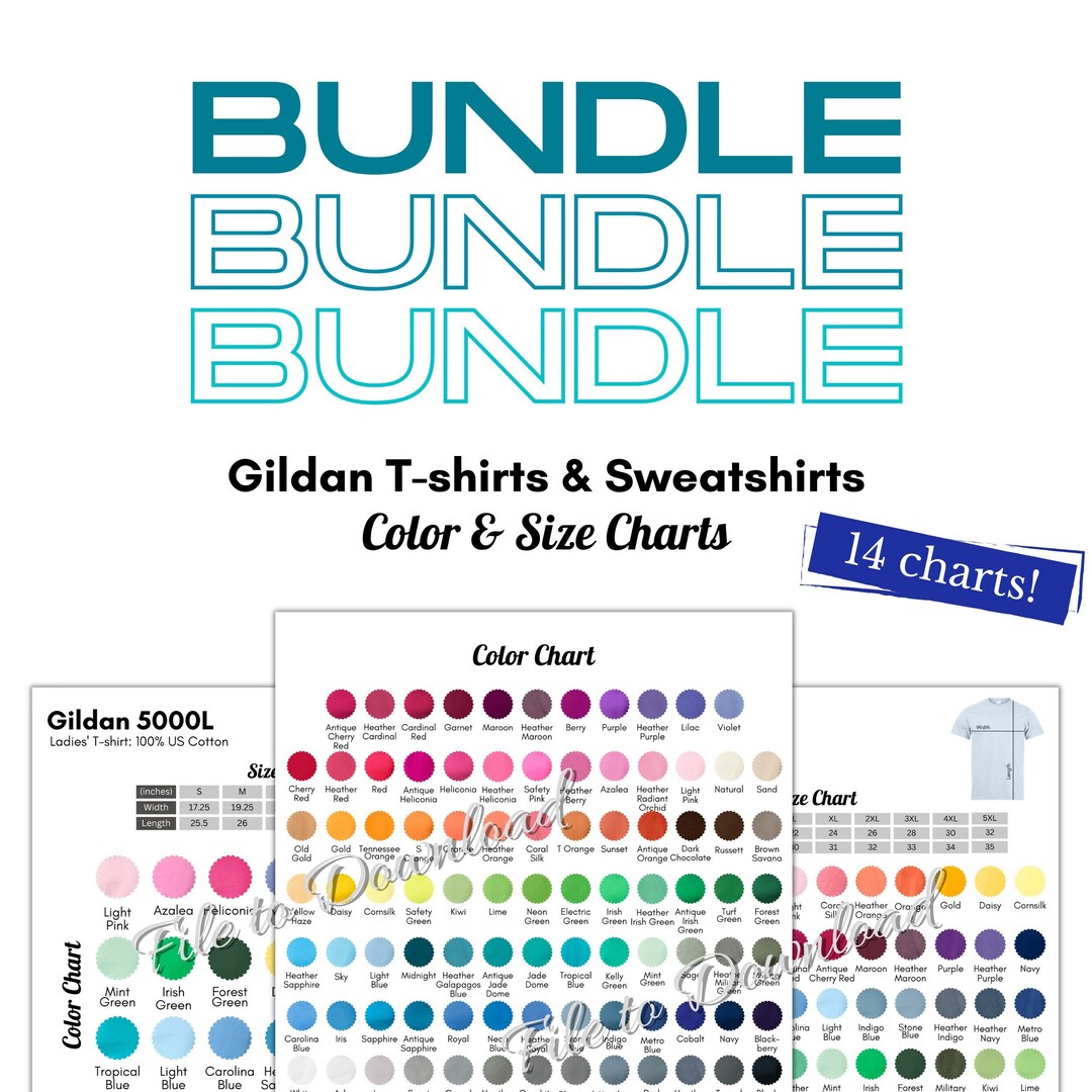 BUNDLE Gildan Color and Size Charts, Gildan T-shirt Color Guide, Gildan ...