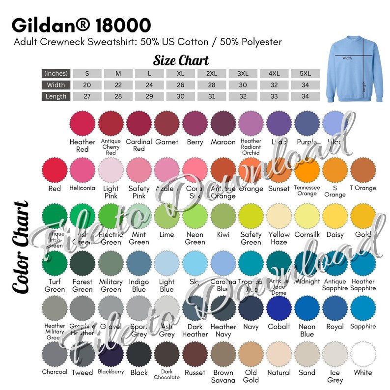 Gildan 18000 Color Chart and Size Chart Gildan Crewneck - Etsy