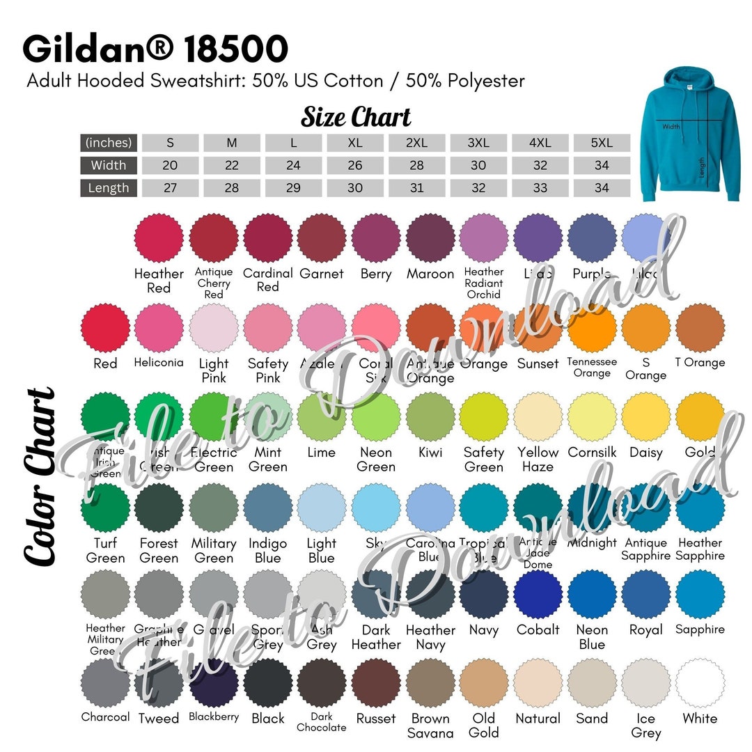 Gildan 18500 Color Chart and Size Chart G185 Hooded - Etsy Israel