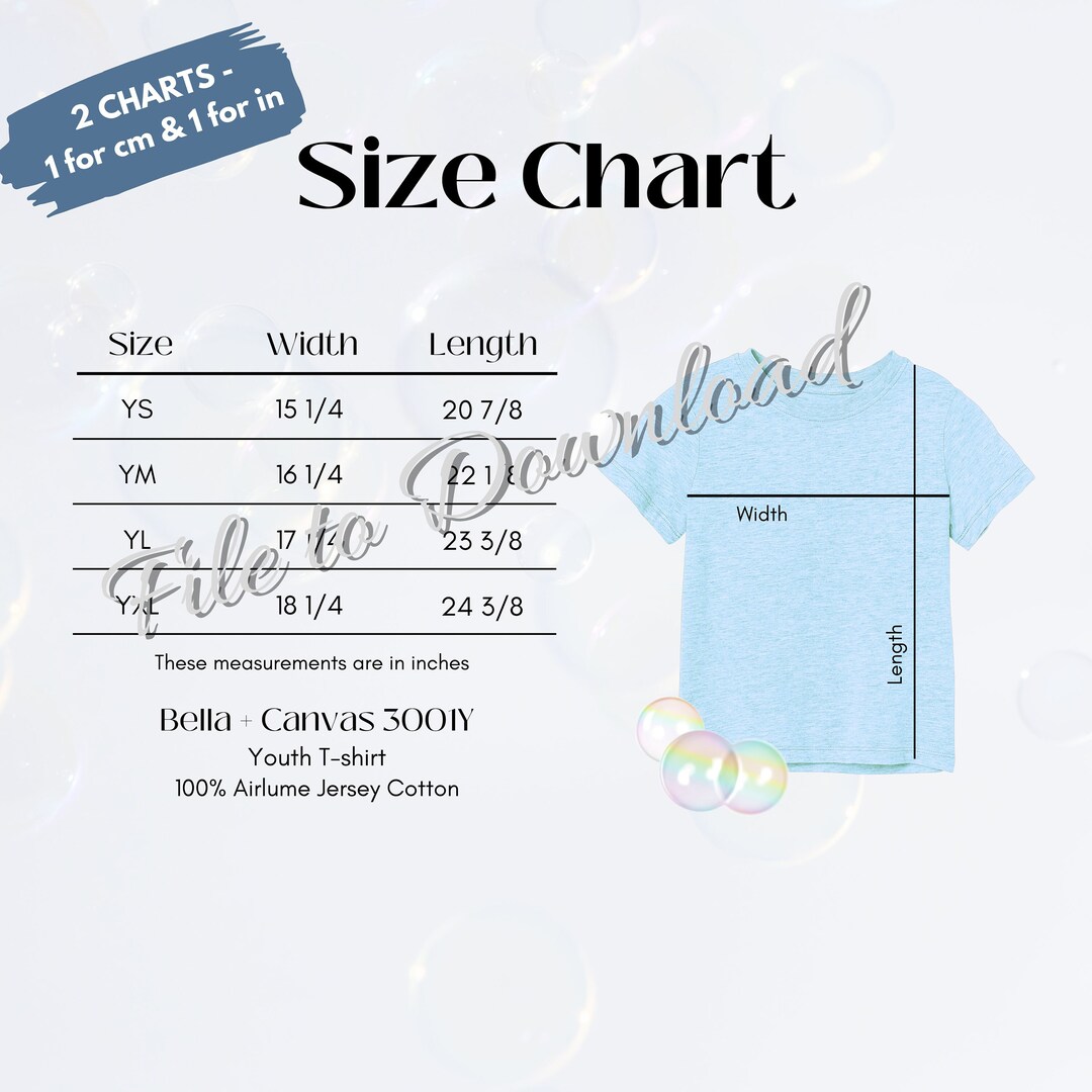 Bella Canvas 3001Y Size Chart BC3001Y Youth T-shirt Size - Etsy